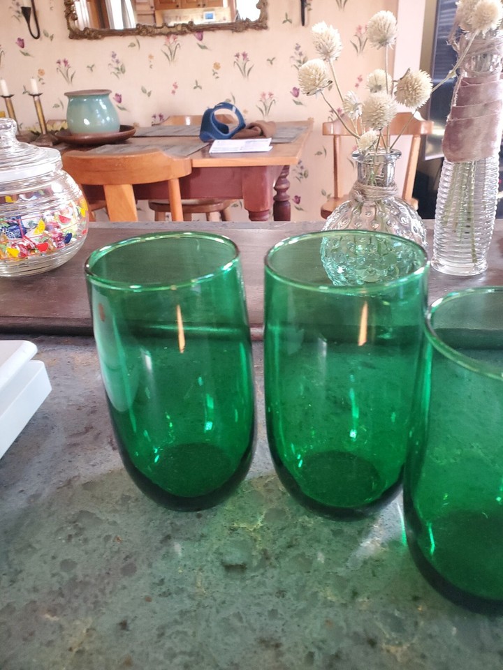 Anchor Hocking Forest Green Roly Poly Flat 4 glasses 4.75 IN TALL 1 ...