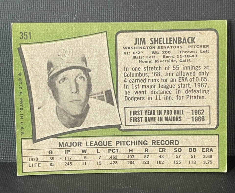 1971 TOPPS # 351 JIM SHELLENBACK WASHINGTON SENATORS | eBay