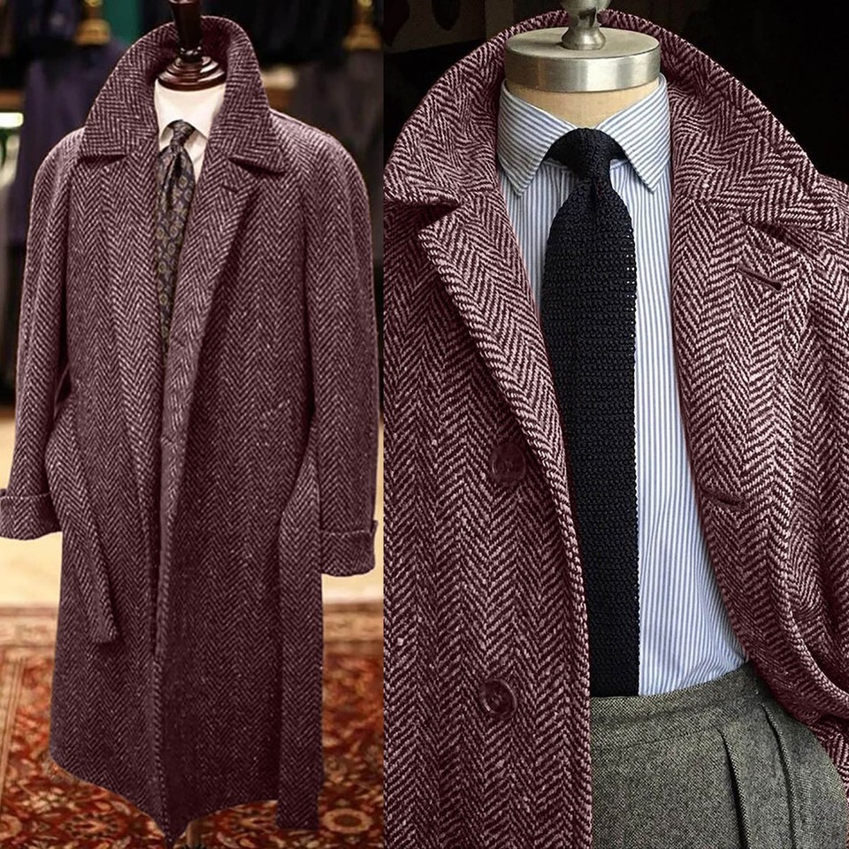 Men Overcoats with Belt Tweed Herringbone Long Coats Peak Lapel Suit ...