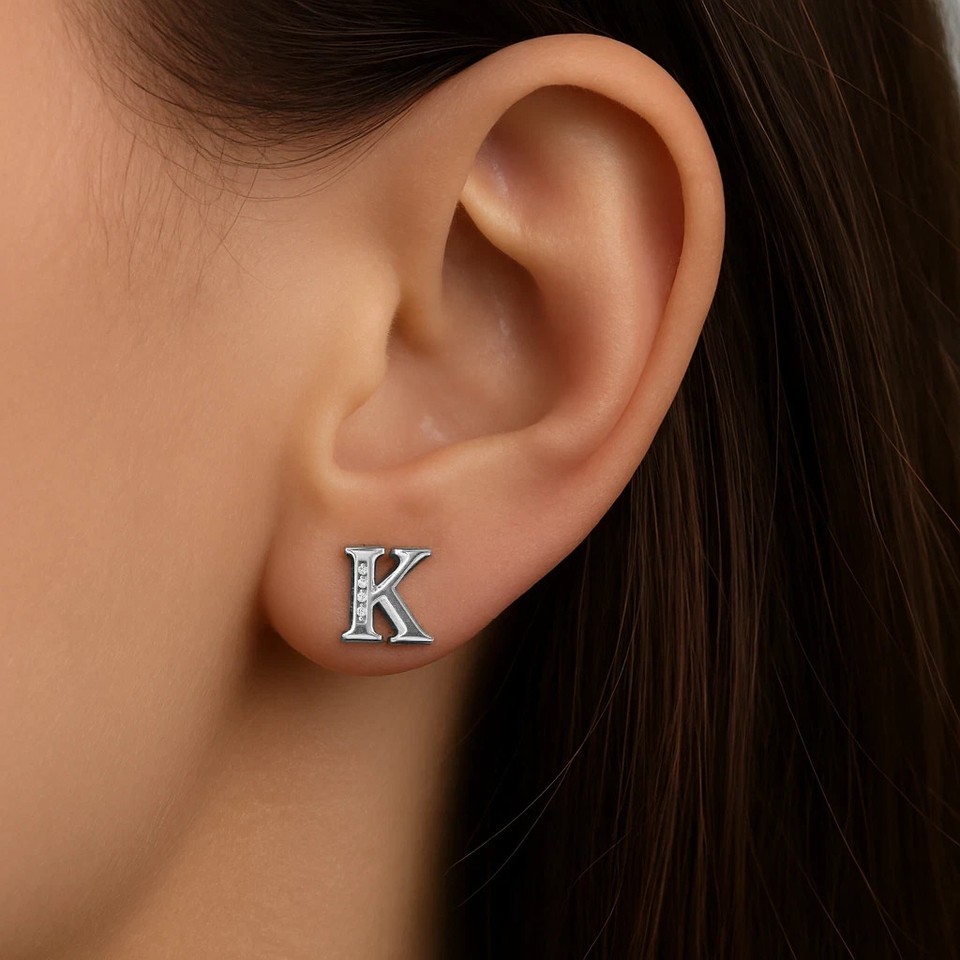 Solid 14K White Gold CZ Initial Letter Stud Earrings A–Z Personal Gift ...