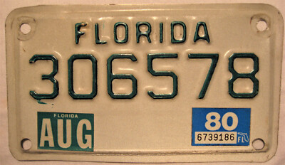 Florida 1980 Motorcycle License Plate # 306578 - Nice original plate ...