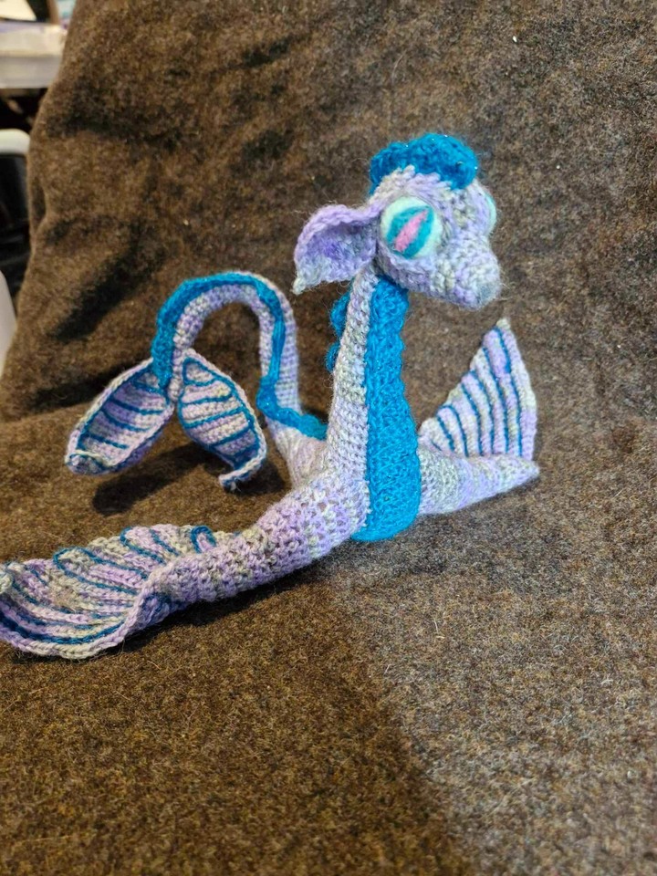hand crafted crochet soft sculpture, sea dinosaur. wire posable CI ...