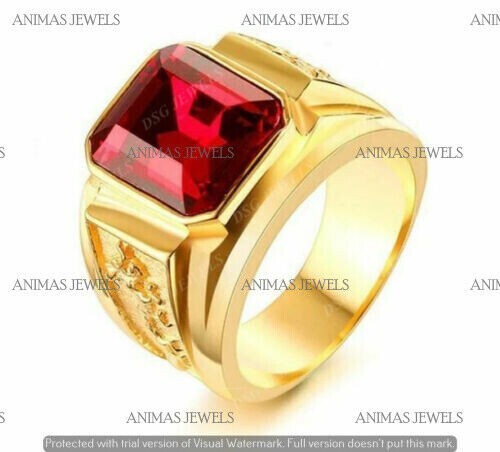 Men's 4CT Radiant Lab-Created Ruby Vintage Art Pinky Ring 14K Yellow Gold Plated | eBay