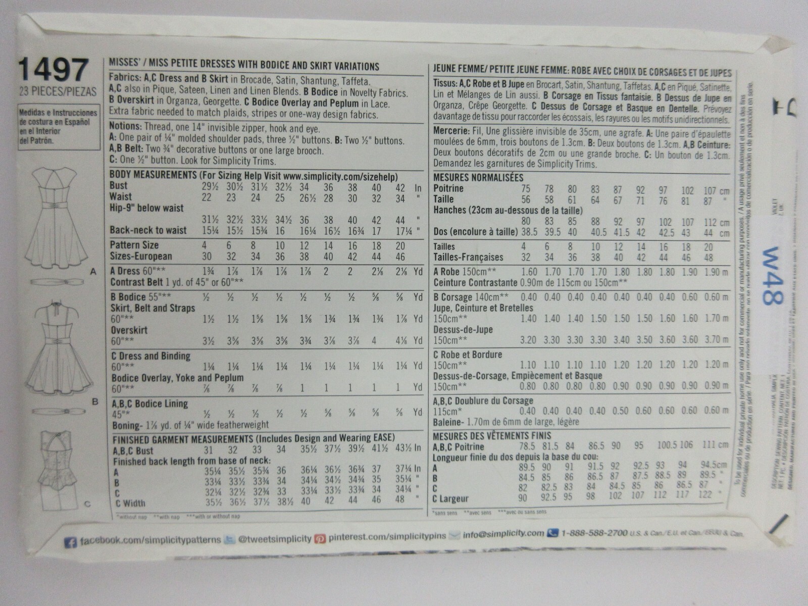 SIMPLICITY PATTERN 1497 DRESSES MISSES/MISS PETITE SIZES 4 6 8 10 12 ...