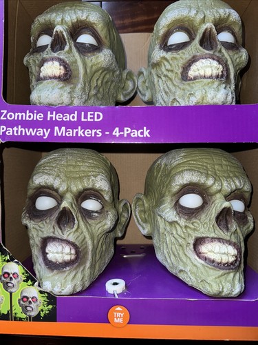 Halloween Zombie 4 Heads Prop Animated LED Pathway Lights Creepy Sounds ...