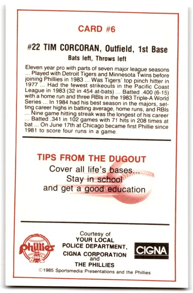 1985 Philadelphia Phillies Police Tim Corcoran #6 | eBay