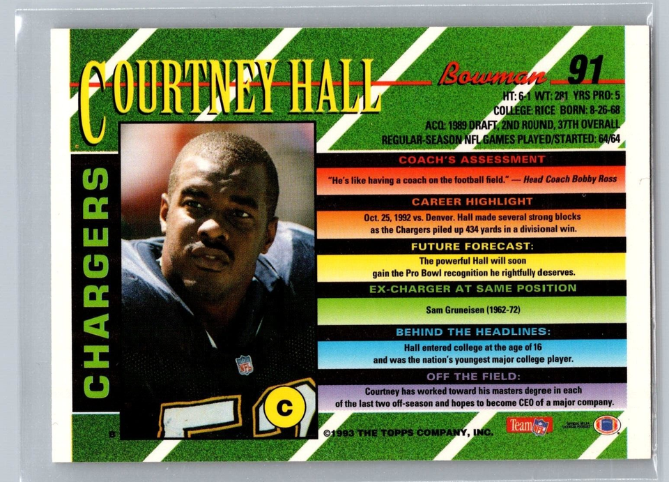 1993 TOPPS BOWMAN CARD # 91 Courtney Hall - San Diego Chargers | eBay