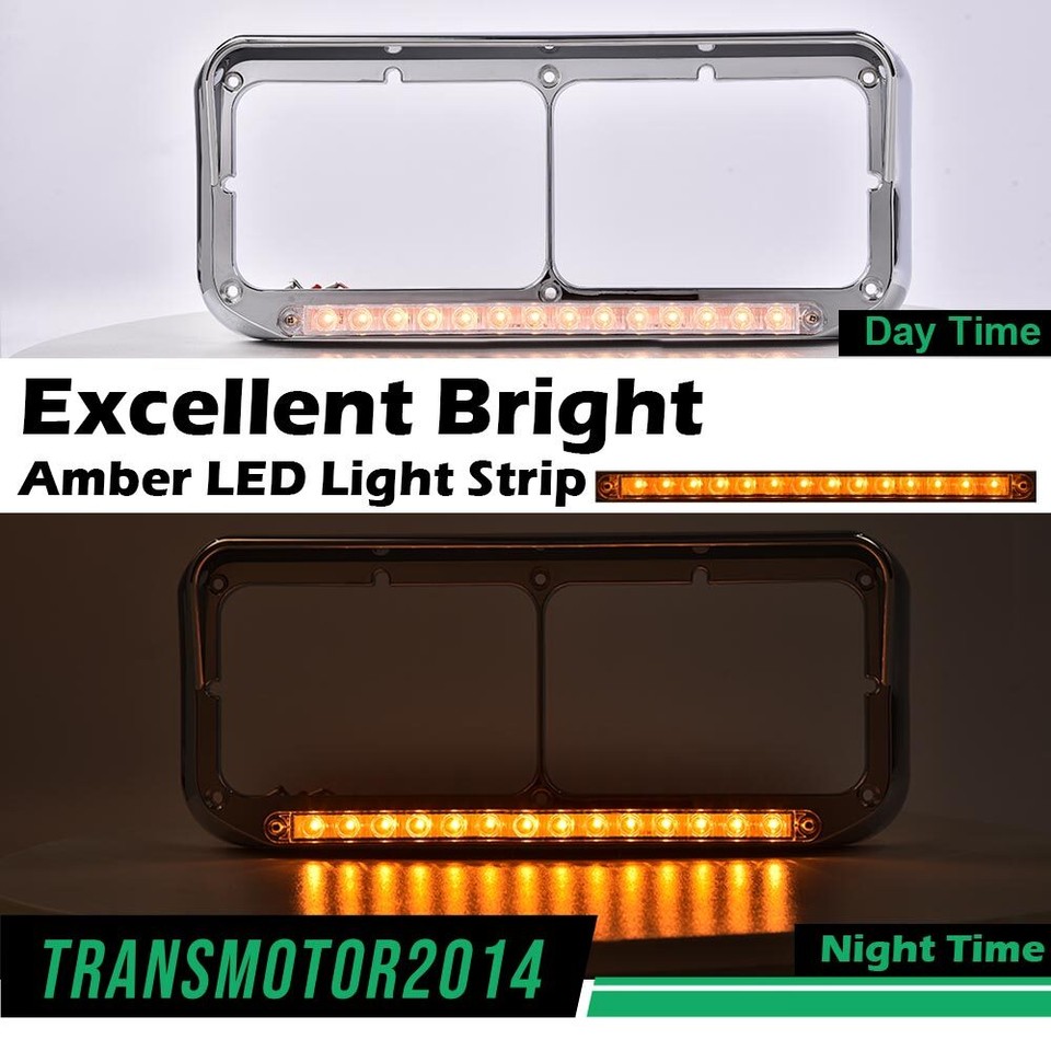 4x6 Chrome Headlight Headlamp Visor Bezels w/ Amber LED Bar - Clear ...