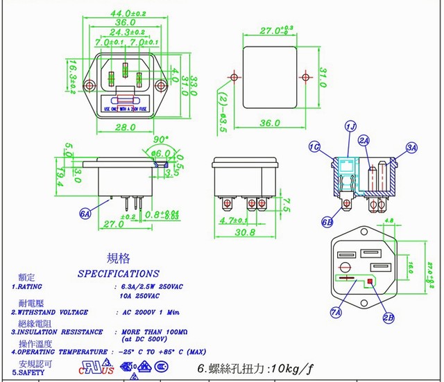 2pc AC IEC Fused Inlet Socket 3p 10a 250v Screw Type Jr-101-1f JEC ...