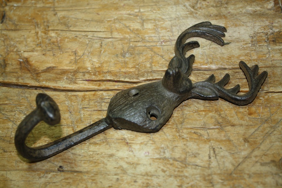 Cast Iron DEER Towel Coat Hooks Hat Hook Key Rack Ranch Hunting Camp ...