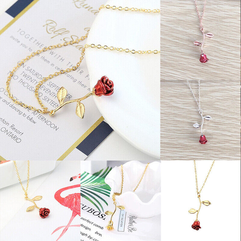 Fashion Women Red Rose Red Rose Flower Chain Jewelry Rhinestone ...