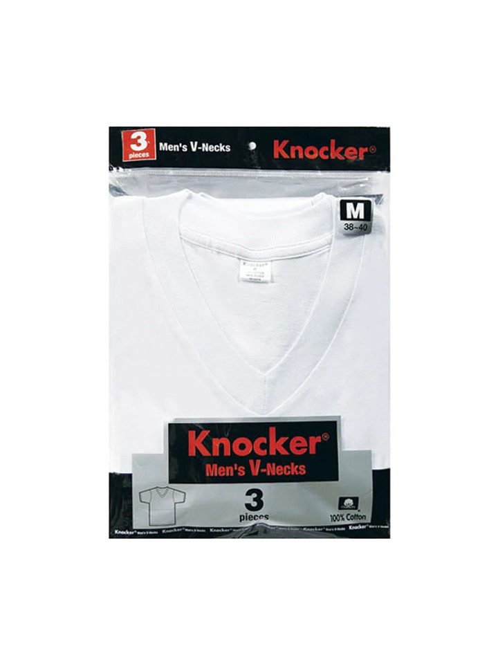 Mens Knocker Pack of 3 V-NECK T-SHIRTS Cotton TEES Whites UnderShirts S ...