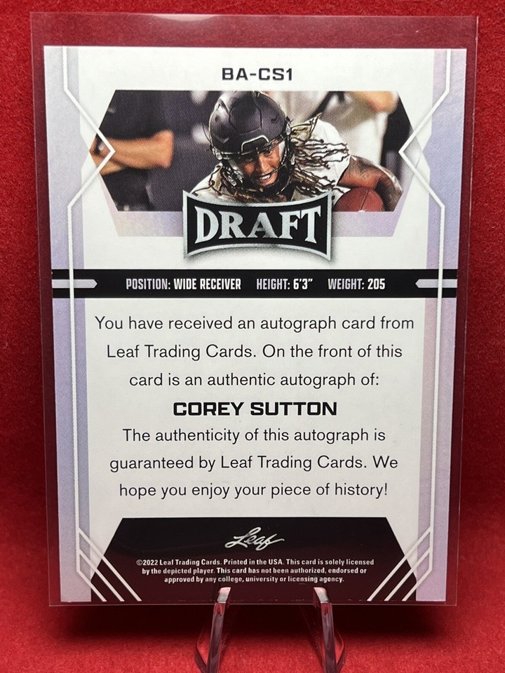 2022 Leaf Draft Rookie **Corey Sutton** RC Autograph No. BA-CS1 ...