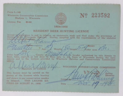 1954 Fairwater Wisconsin Conservation Resident Deer Hunting License | eBay