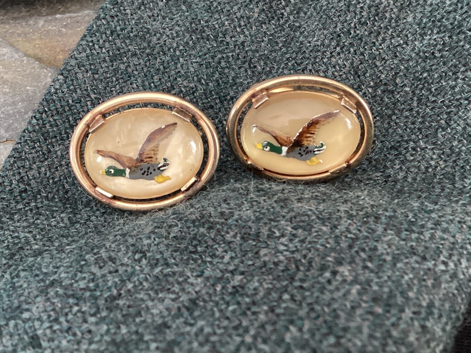 Vintage SWANK Reverse Painted Look Mallard Duck Crystal Dome Cufflinks ...