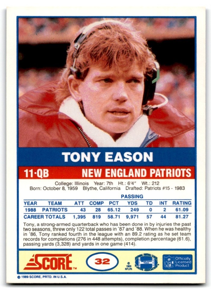 1989 Score Tony Eason New England Patriots #32 | eBay