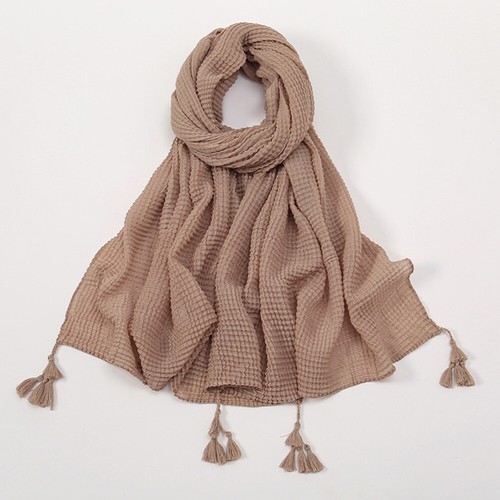 Women's Tassel Plaid Scarf Solid Color Muslim Shawls Hijabs Crinkle ...