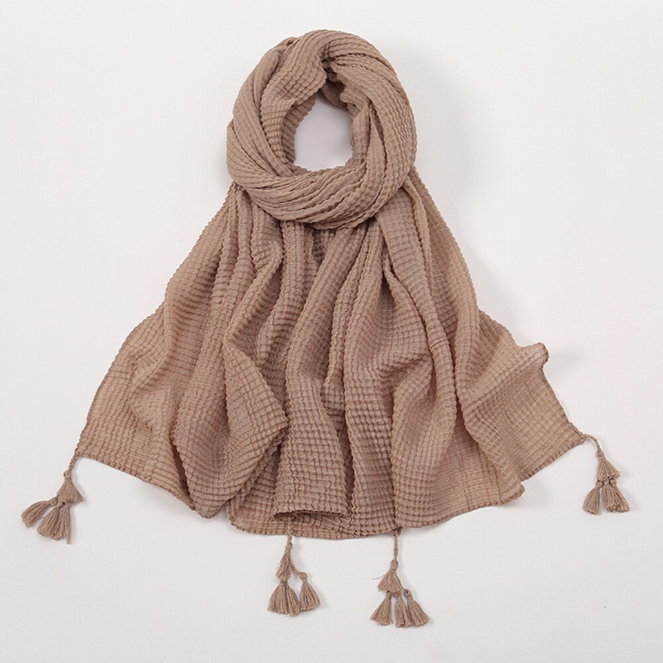 Women's Tassel Plaid Scarf Solid Color Muslim Shawls Hijabs Crinkle ...