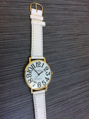 Geneva Women's Gold Watch White Dial Big Numbered Hours on White Strap ...