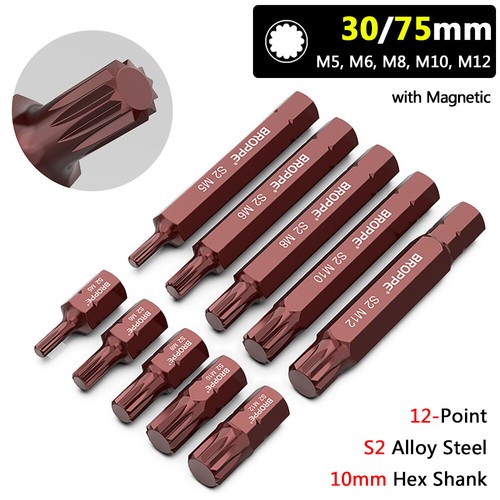 30mm/75mm Triple Square 12 Point Spline Bit Set XZN Bit M5-M12 ...