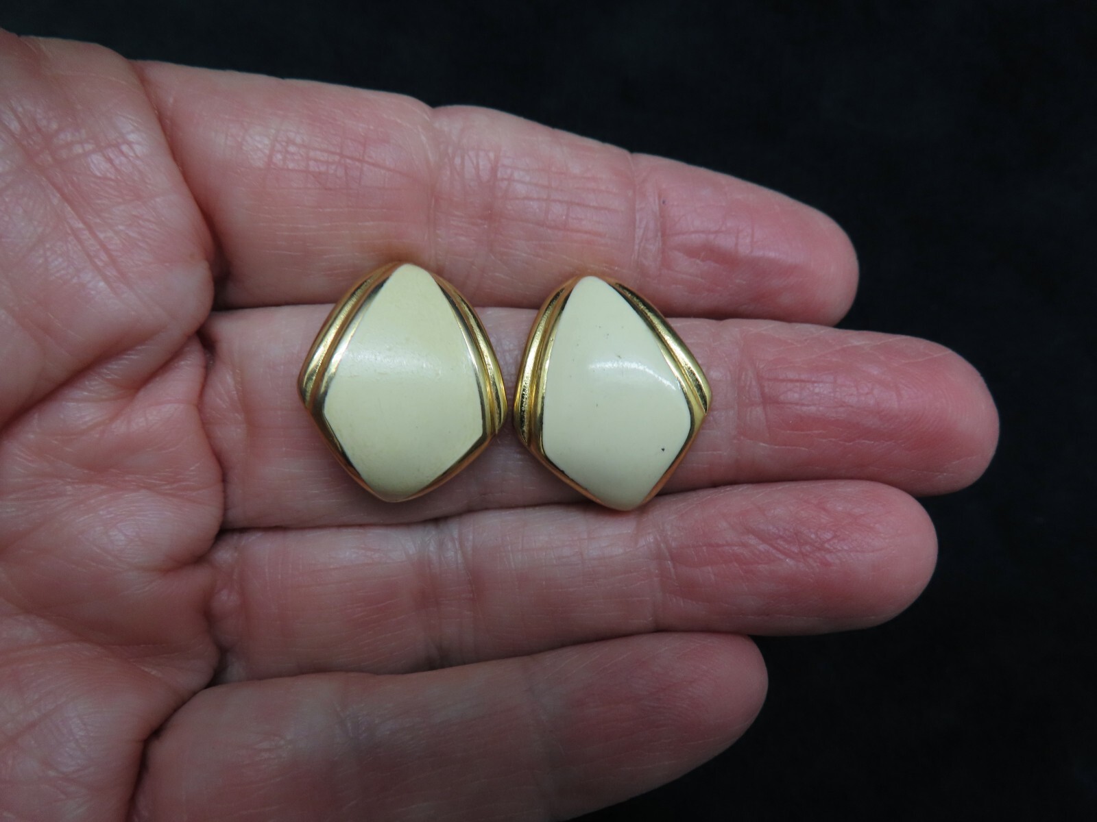 Vintage Monet Cream Enamel Modernist Pierced Earrings - Gem