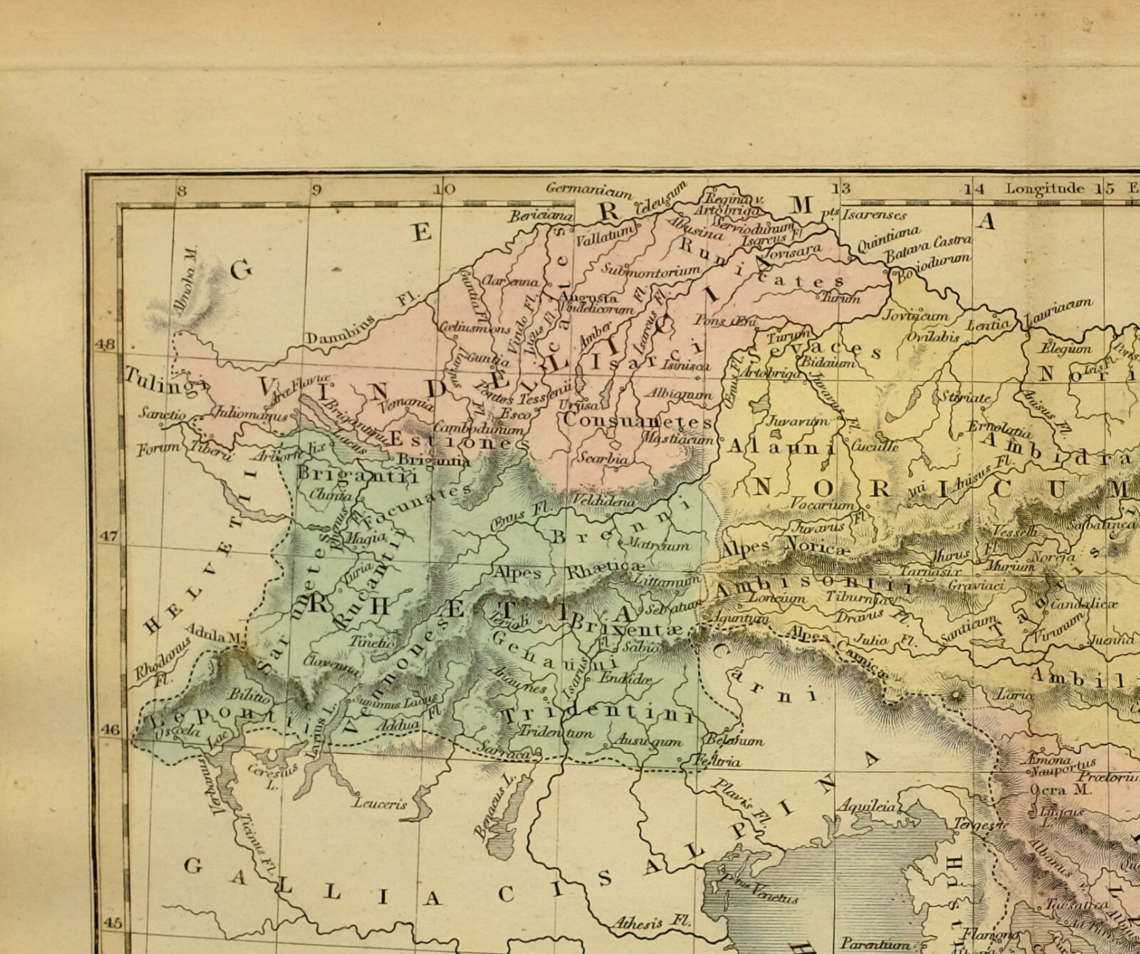 1851 HAND COLOURED ANCIENT MAP VINDELICIA RHAETIA NORICUM PANNONIA ...