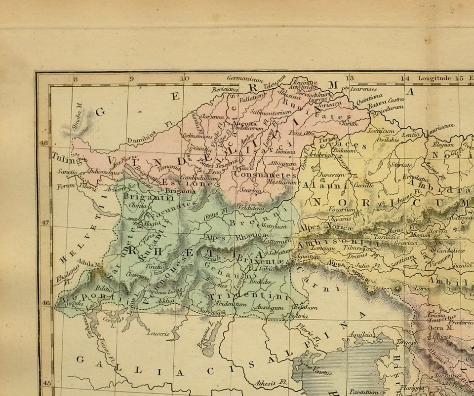 1851 HAND COLOURED ANCIENT MAP VINDELICIA RHAETIA NORICUM PANNONIA ...
