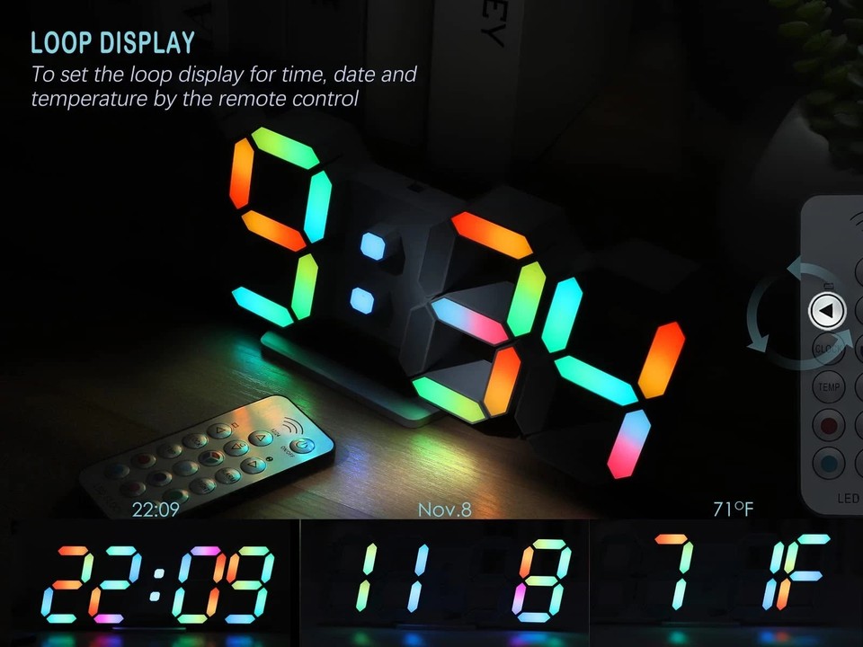 Wall Clock Neon Digital Clock 3D LED Desk Clock Large Display 9.7" RGB ...