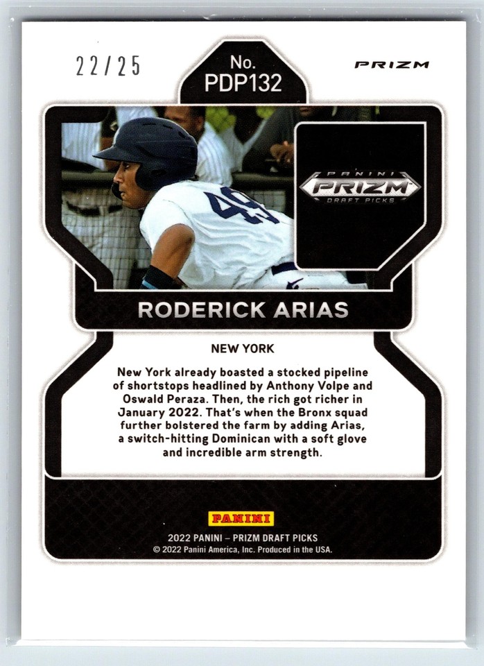 Roderick Arias 2022 Panini Prizm Draft Picks Snake Skin SN #/25 Yankees ...