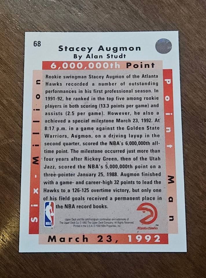 1992-1993 Upper Deck Basketball #68 Stacey Augmon 6 MILLION POINT MAN ...