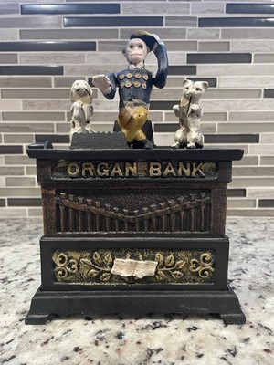 Vintage Kyser/Rex Cast Iron Organ Coin Bank - Monkey, Dog, & Cat Works ...