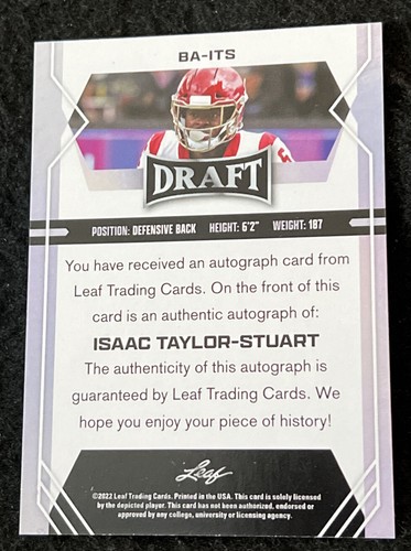 2022 Leaf Draft - Autographs Isaac Taylor-Stuart #BA-ITS Blue (AU, RC ...
