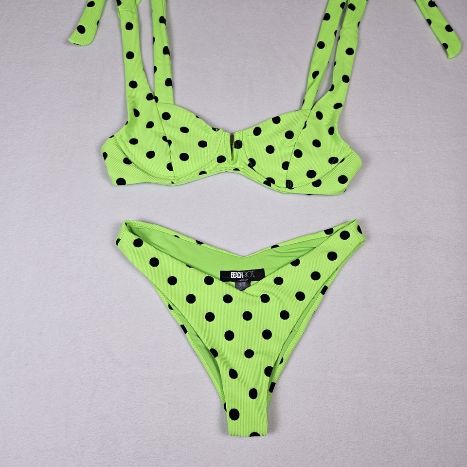 Beach Riot Vanessa Bikini Set Ribbed Lime Black Polka Dot M Bottoms L ...