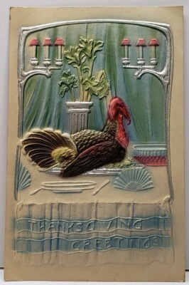 Thanksgiving Greetings Embossed Airbrushed Turkey on Plate German ...