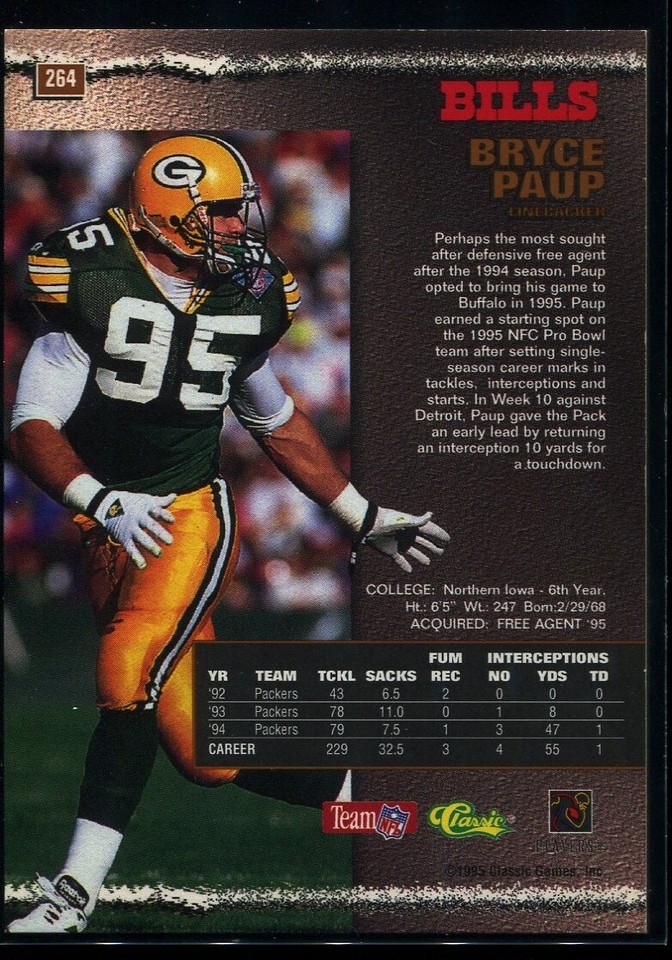 1995 Classic Pro Line Bryce Paup #264 Green Bay Packers | eBay