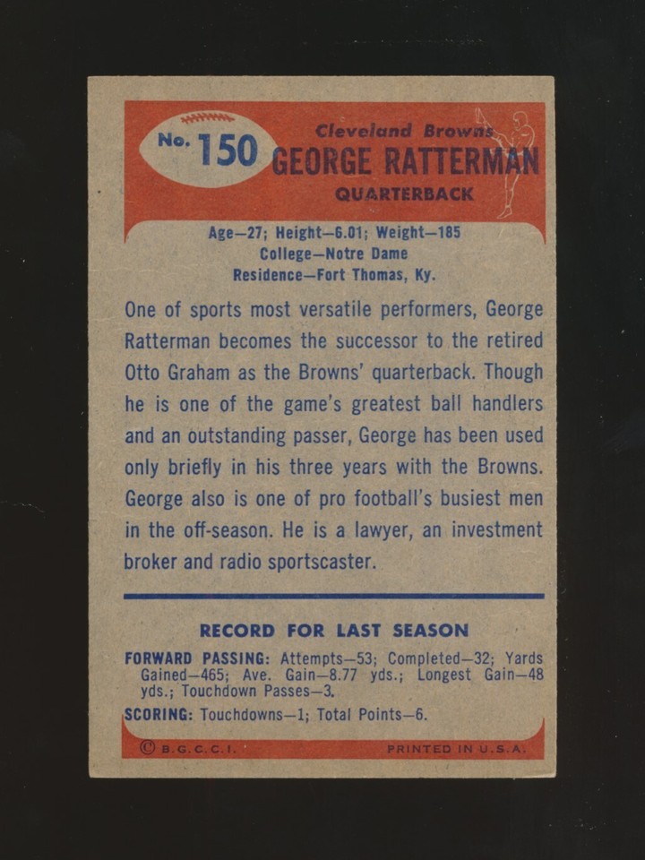 1955 Bowman Football -#150 GEORGE RATTERMAN (Browns) *AUTOGRAPHED* d ...