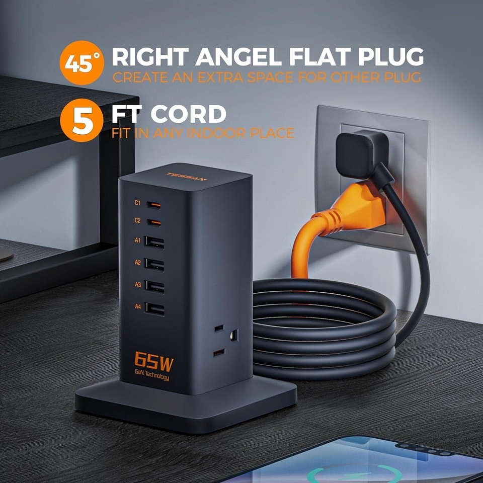 65W Fast Charger Tower USB Charging Station Type C Desktop Charger with ...