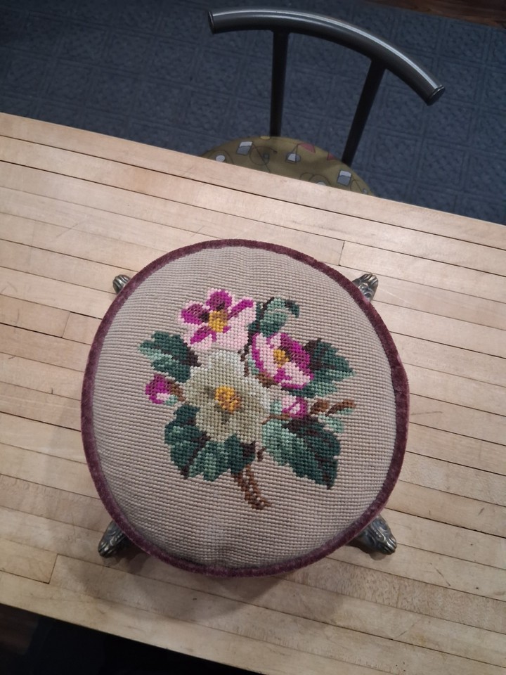 Antique Brass Footstool with Needlepoint Floral Upholstery | eBay