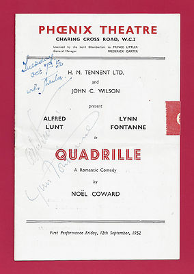 Alfred Lunt (Signed) "QUADRILLE" Lynn Fontanne / Noel Coward 1952 ...