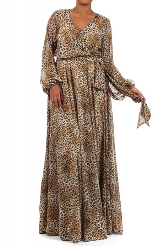 Women Printed Wrapped V-neck Long Light Brown Dress, Large Size - NEW ...