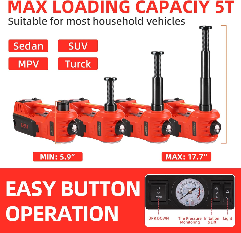 Electric Car Jacks 5Ton 12V Hydraulic Jack with Tire Air Pump and LED ...