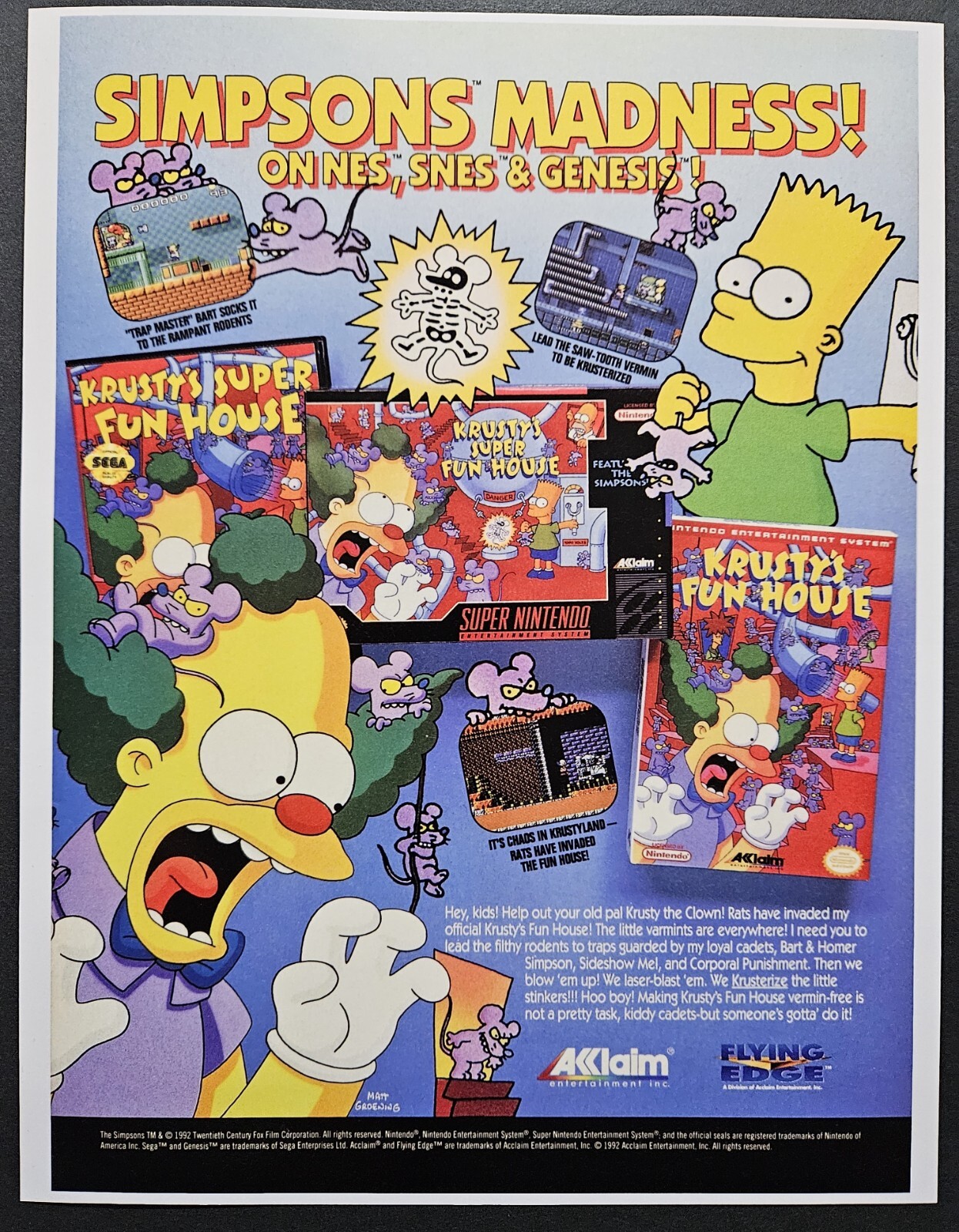 Krusty's Super Fun House SNES Genesis NES Promo Ad Art Print Poster The ...