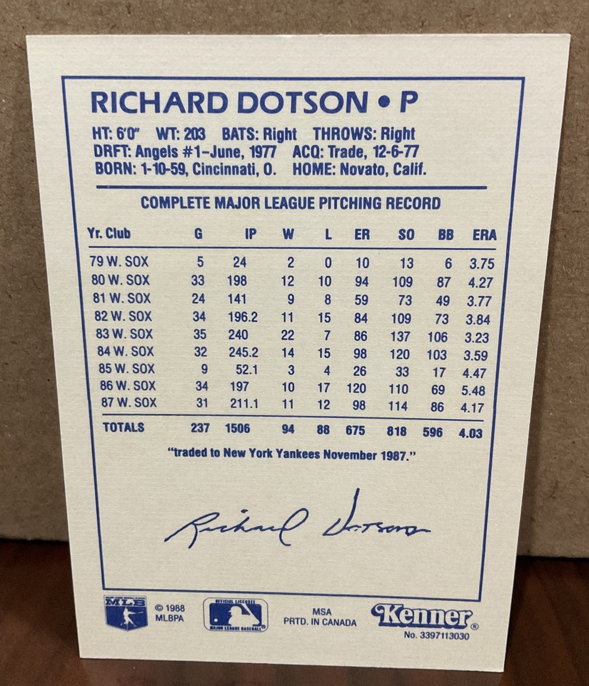 RICHARD DOTSON 1988 KENNER STARTING LINEUP CARD (UNISSUED) - CHICAGO ...