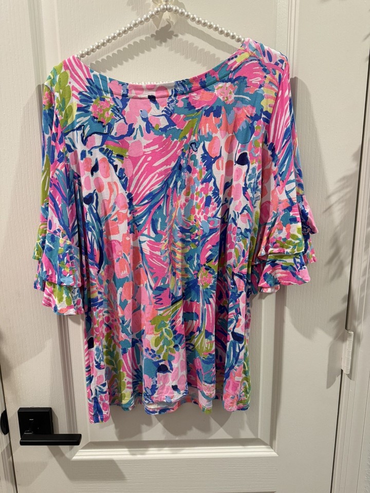 Lilly Pulitzer Lula Top Gumbo Limbo Size XL Ruffle Sleeves Bright ...