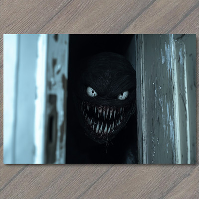 POSTCARD Monster Peeking Through Door Creepy Eyes Sharp Teeth Demon | eBay