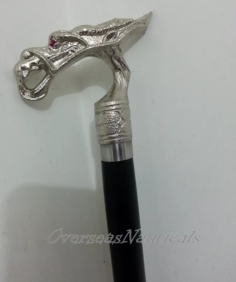 SOLID DRAGON HEAD HANDLE BLACK WOODEN CANE WALKING STICK VINTaGE ...