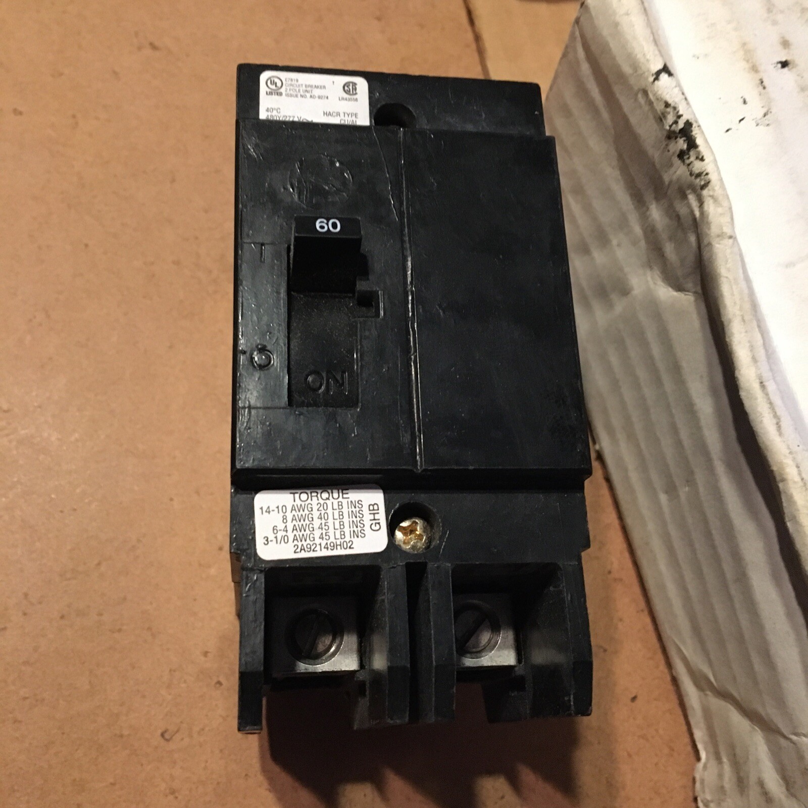 GHB2060 CUTLER HAMMER CIRCUIT BREAKER BOLT-ON 60A 2 POLE 277/480Y VAC ...