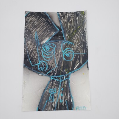 Abstract outsider cat art painting on paper by NYC graffiti artist PUKE ...