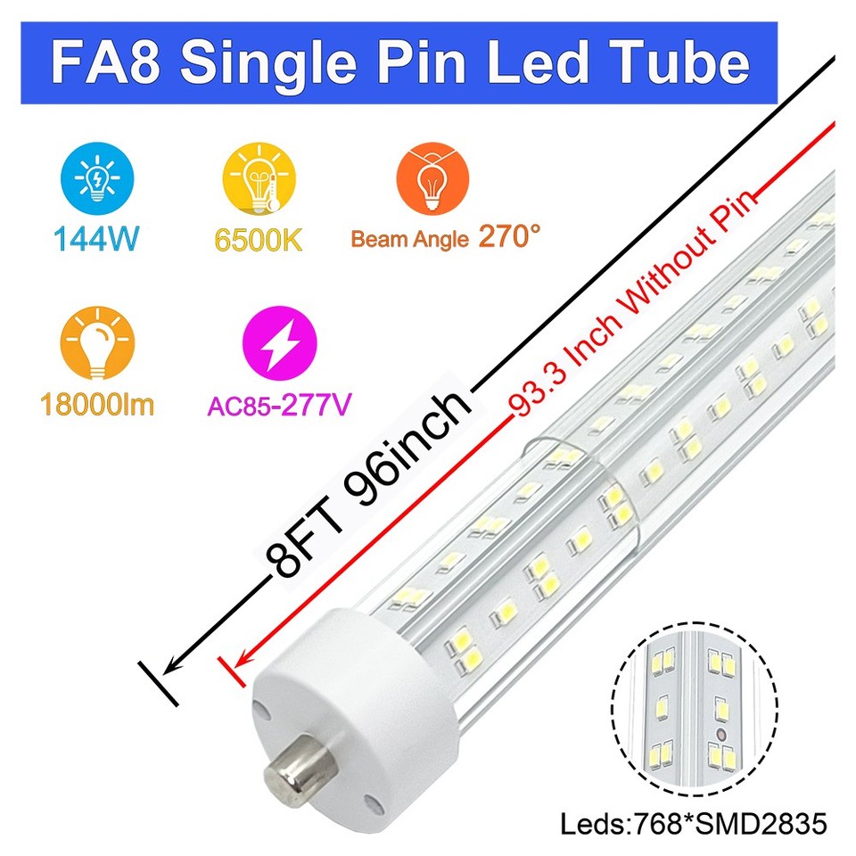 12/25 Pack 8 Ft Led Bulbs Single Pin FA8 T8 T12 8Ft Led Tube Light 8 ...