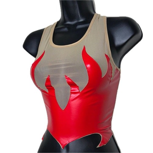New S Red Flame Vegan Leather Top Sleeveless Mesh Y2K Stretchy Sexy ...